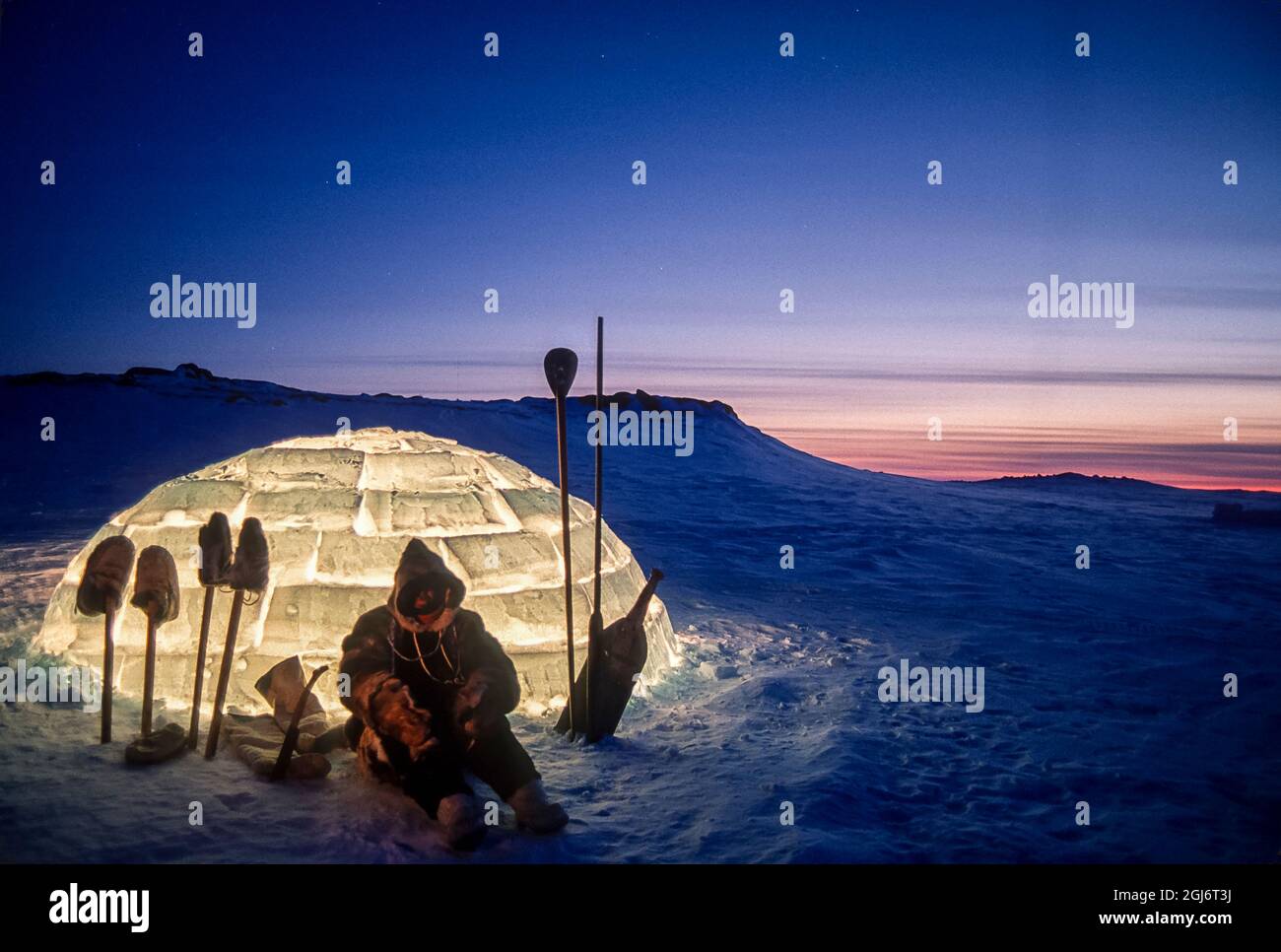 Baker Lake, Nunavut, Canada. Man in traditional caribou skin clothing ...
