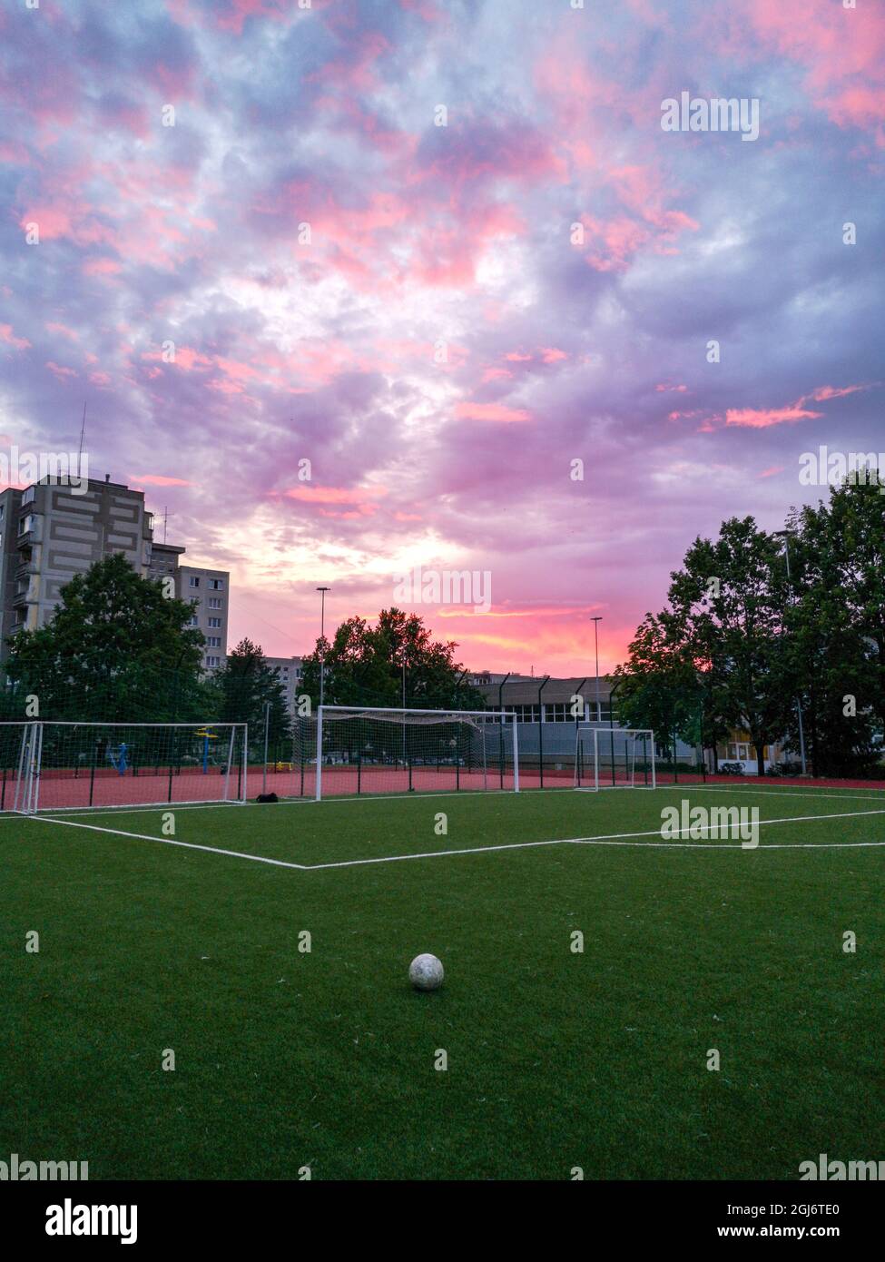 Amazing view of a sunset from the football stadium in the park Stock ...