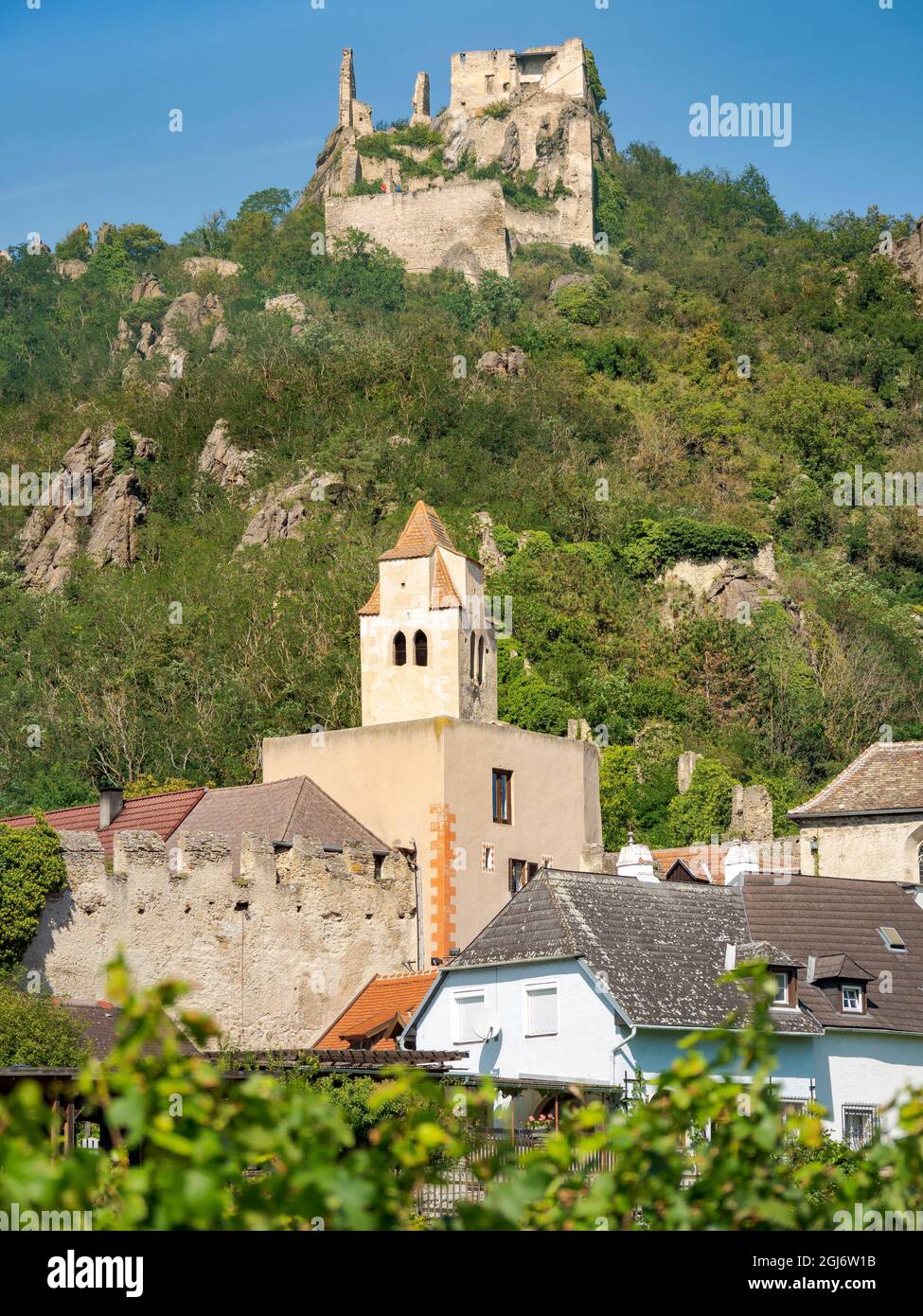 Old town and castle ruin. Historic town Durnstein located in wine ...
