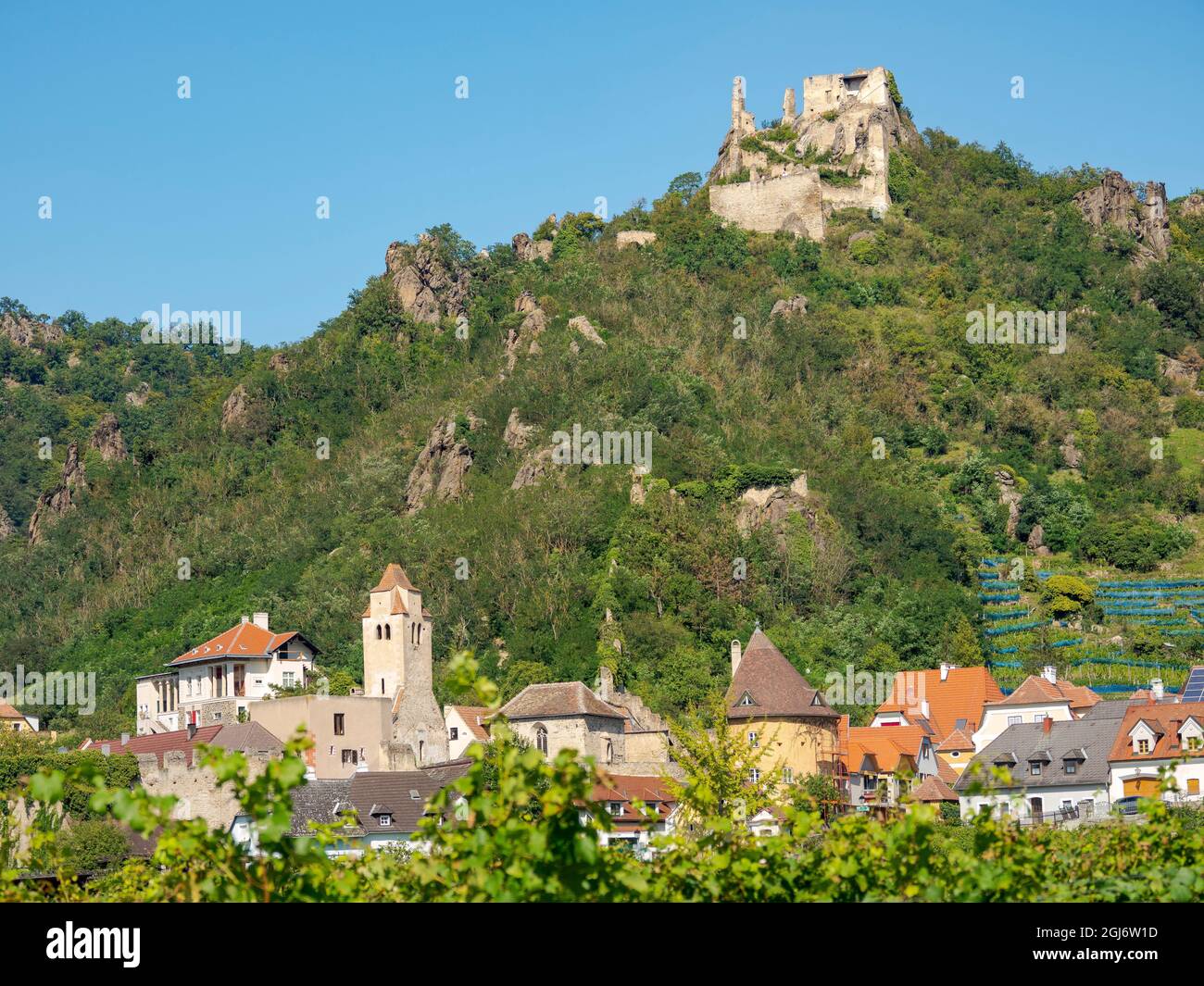 Old town and castle ruin. Historic town Durnstein located in wine ...