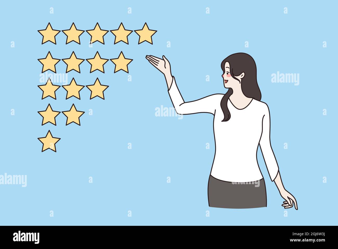 Customer review, client feedback concept. Young female seller cartoon ...