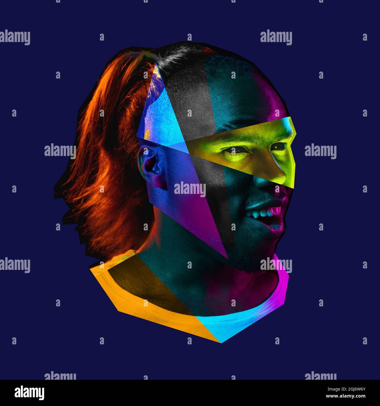 Contemporary art collage of male portrait made of various face parts ...