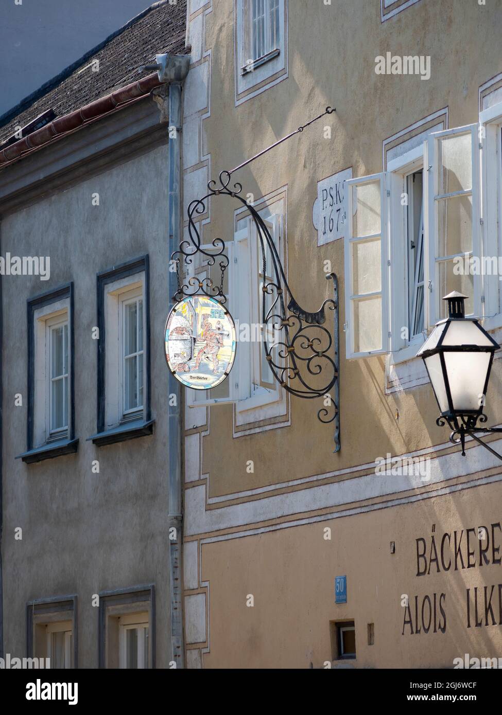 Traditional sign of a bakery. The historic old town of Stein (Stein an ...