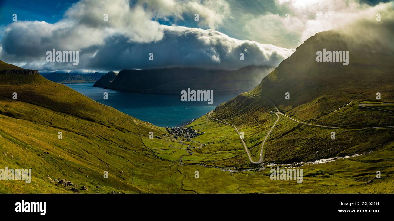 Europe, Faroe Islands. Panoramic view of the village of Funningur on ...