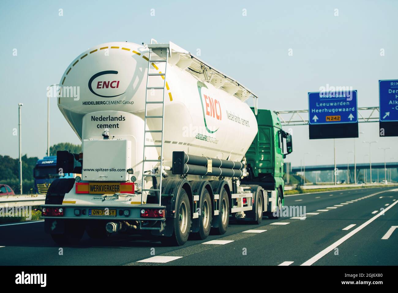Side view of new Mercedes Cargo truck Actros with sister containing ...