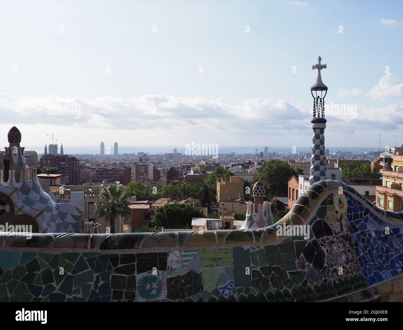 Serpentine bench at park guell in european Barcelona city at Catalonia ...