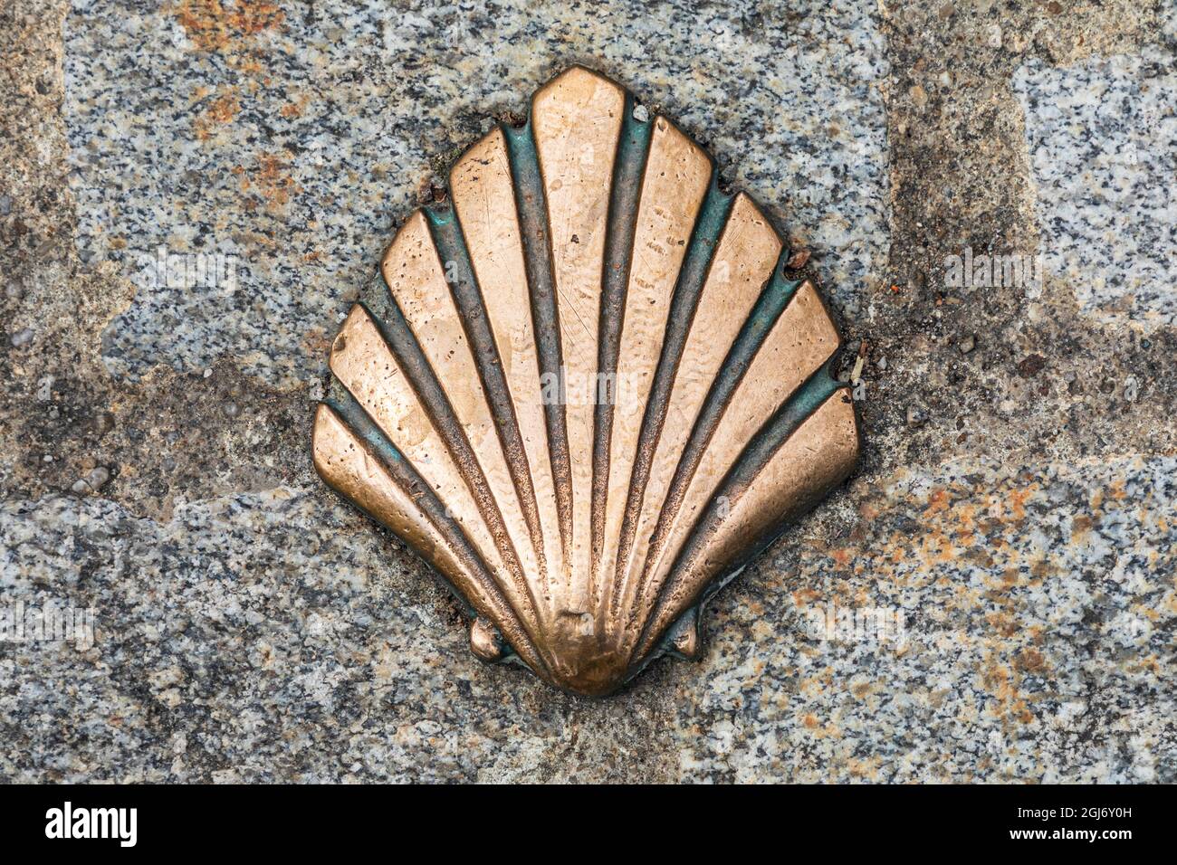 Europe, France, Haute-Vienne, Limoges. A brass scallop shell symbol ...