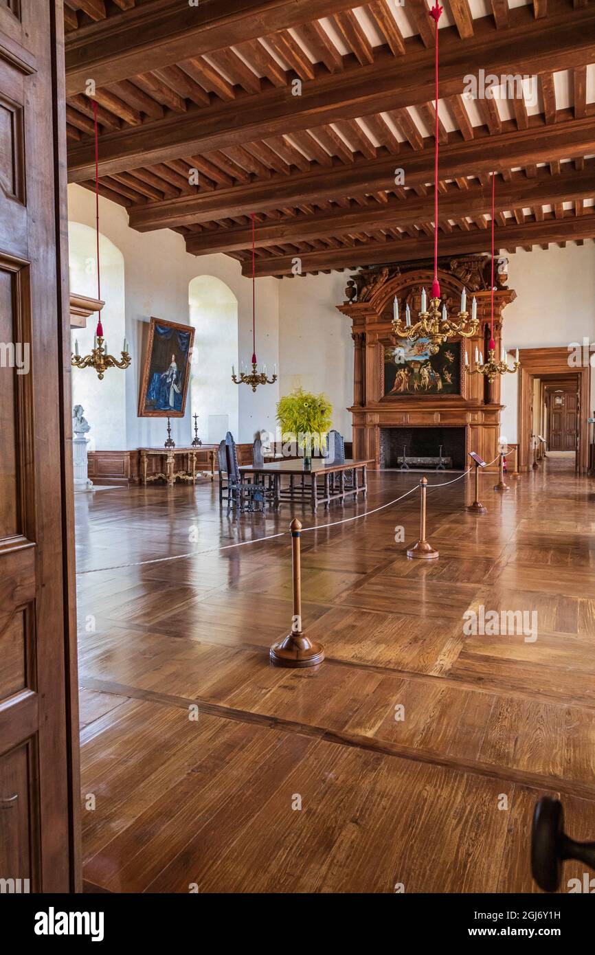 Europe, France, Dordogne, Hautefort. A dining hall at Hautefort Castle ...