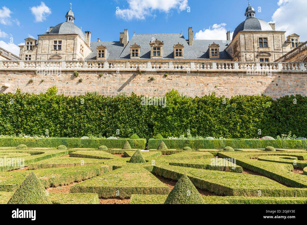 Europe, France, Dordogne, Hautefort. A view from the formal garden of Hautefort Castle, Chateau ...