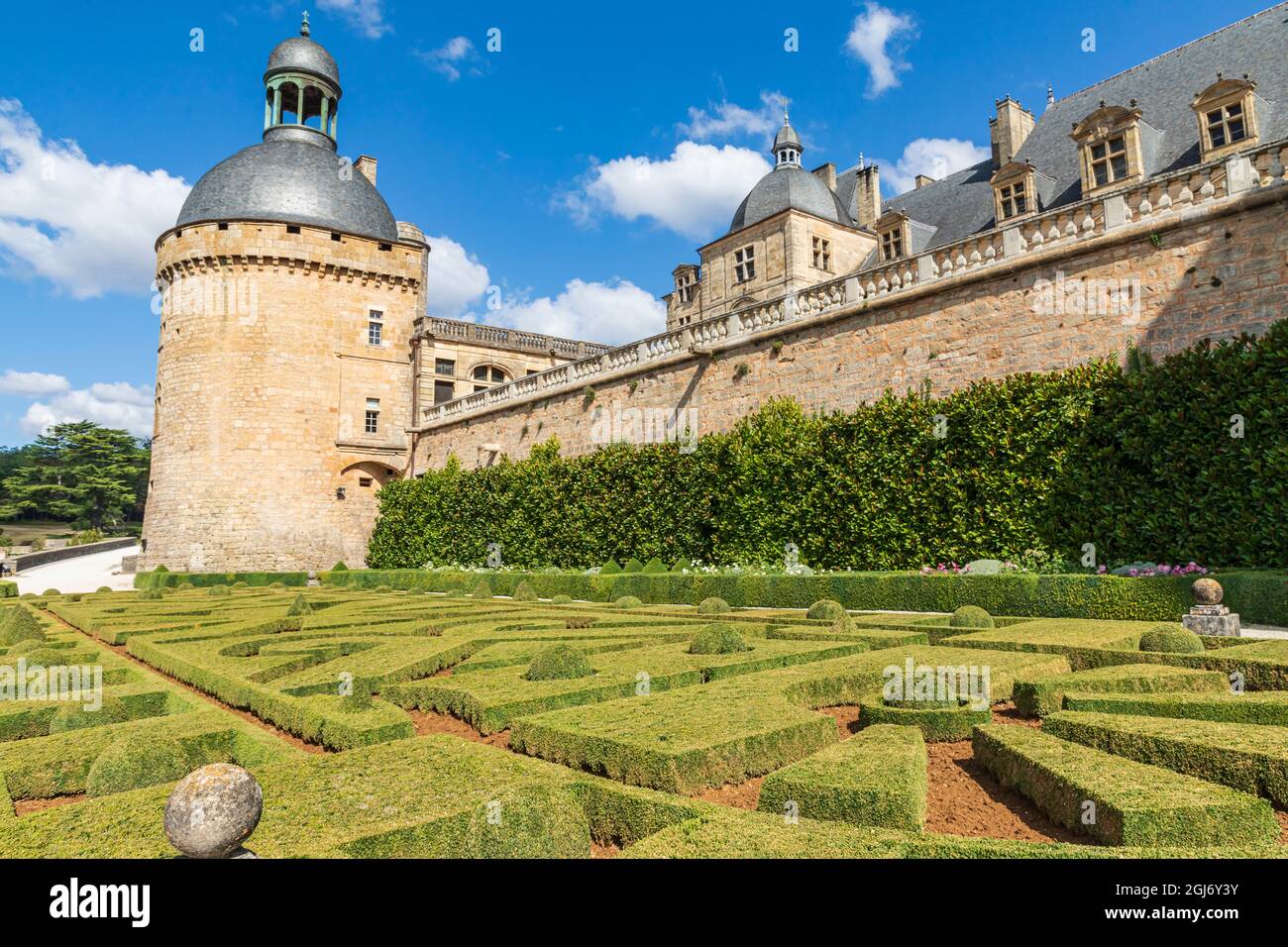 Europe, France, Dordogne, Hautefort. A view from the formal garden of Hautefort Castle, Chateau ...