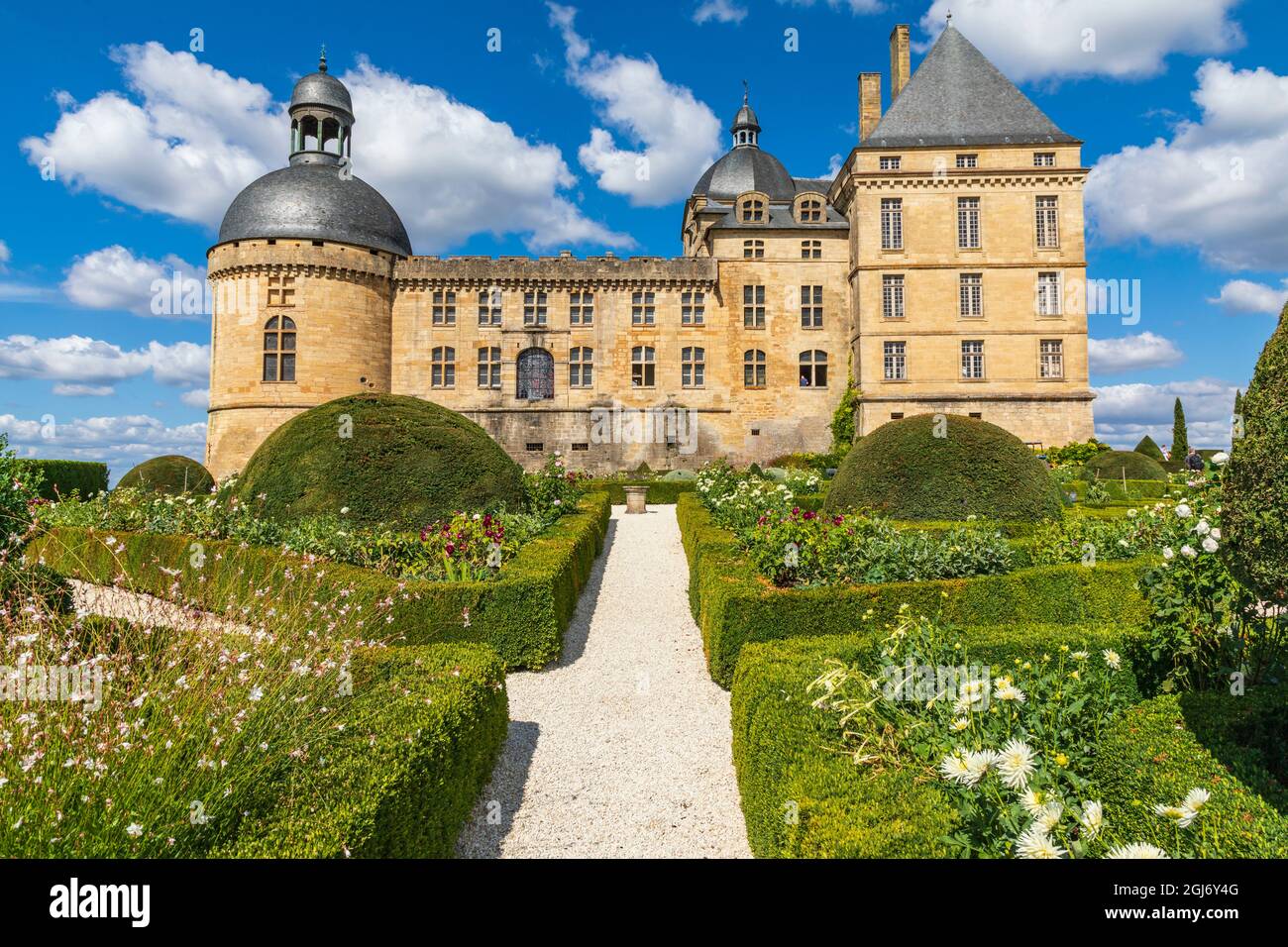 Europe, France, Dordogne, Hautefort. A view from the formal garden of Hautefort Castle, Chateau ...