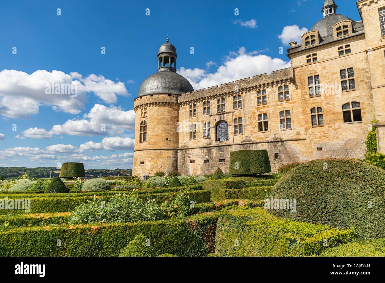 Europe, France, Dordogne, Hautefort. A view from the formal garden of Hautefort Castle, Chateau ...
