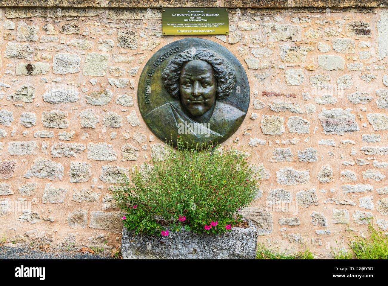 Europe, France, Dordogne, Hautefort. Memorial plaque to Baron Henry the ...