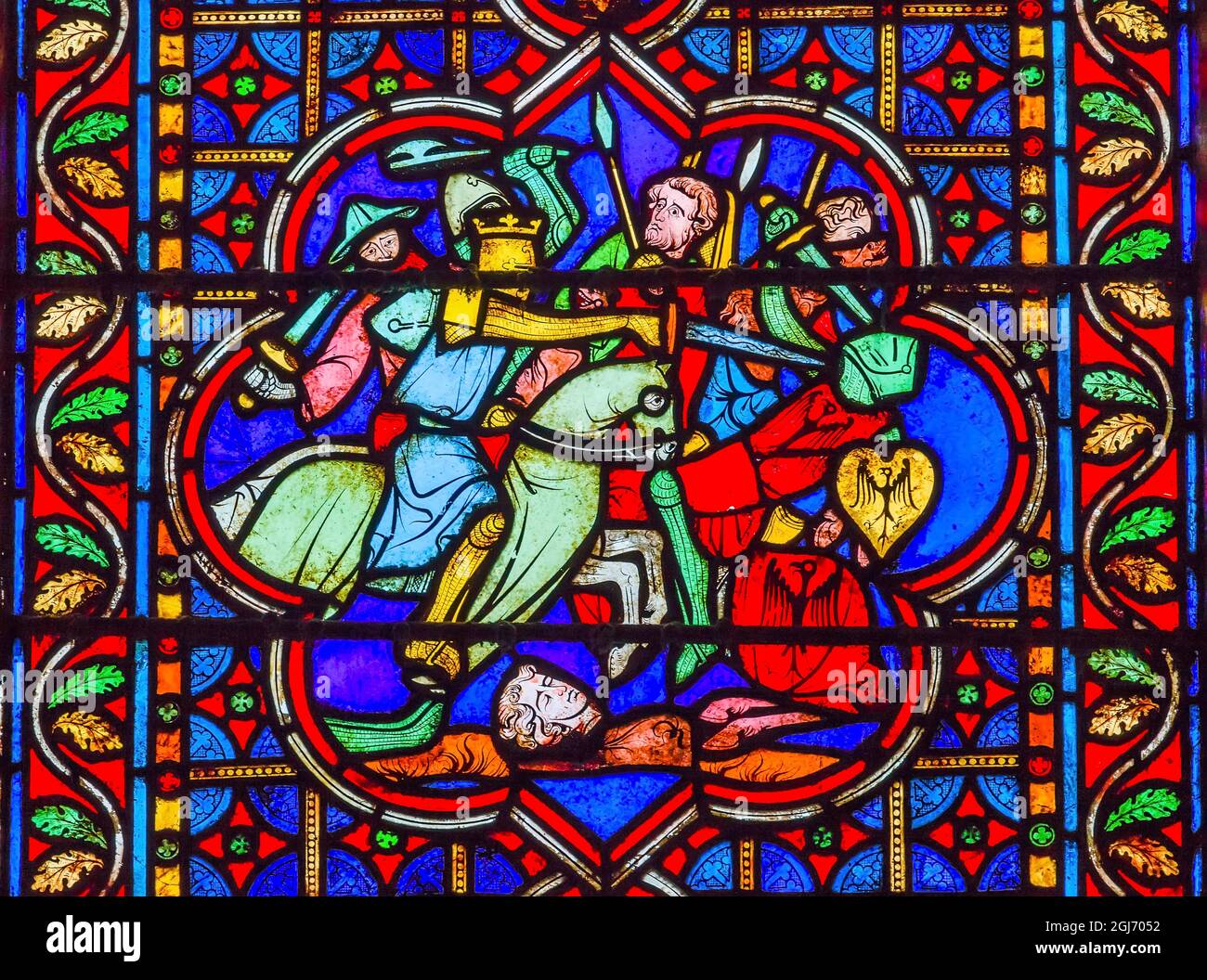Knights Fighting Swords Horses Battle War stained glass, Notre Dame ...