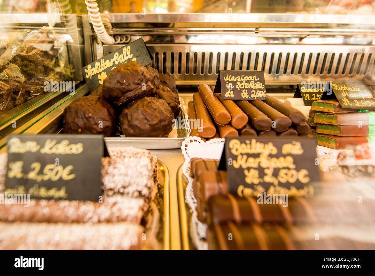 Chocolate vendor at the Viktualienmarkt a central food or farmers ...