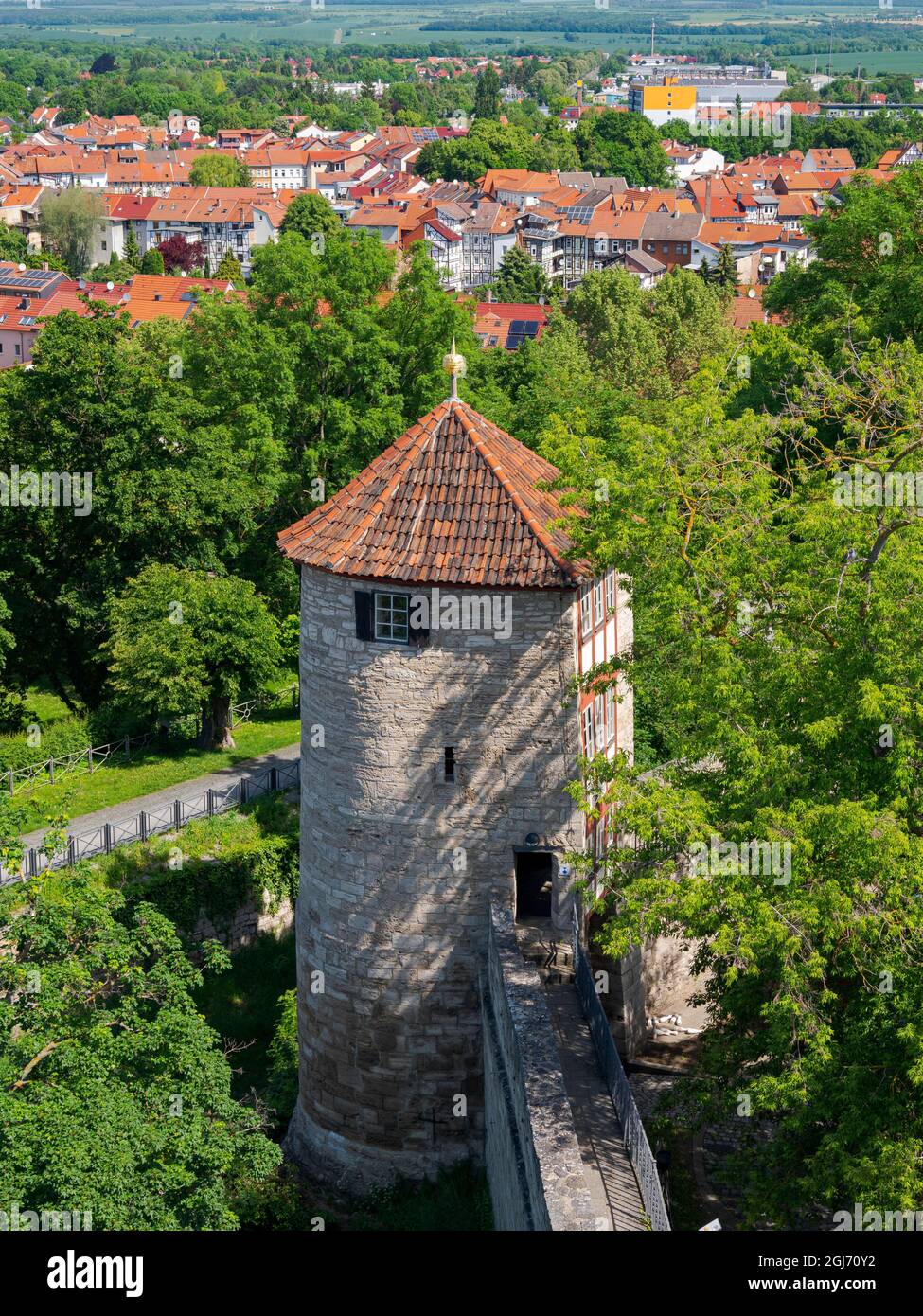 Tower of the old town wall. The medieval town Muehlhausen in Thuringia ...