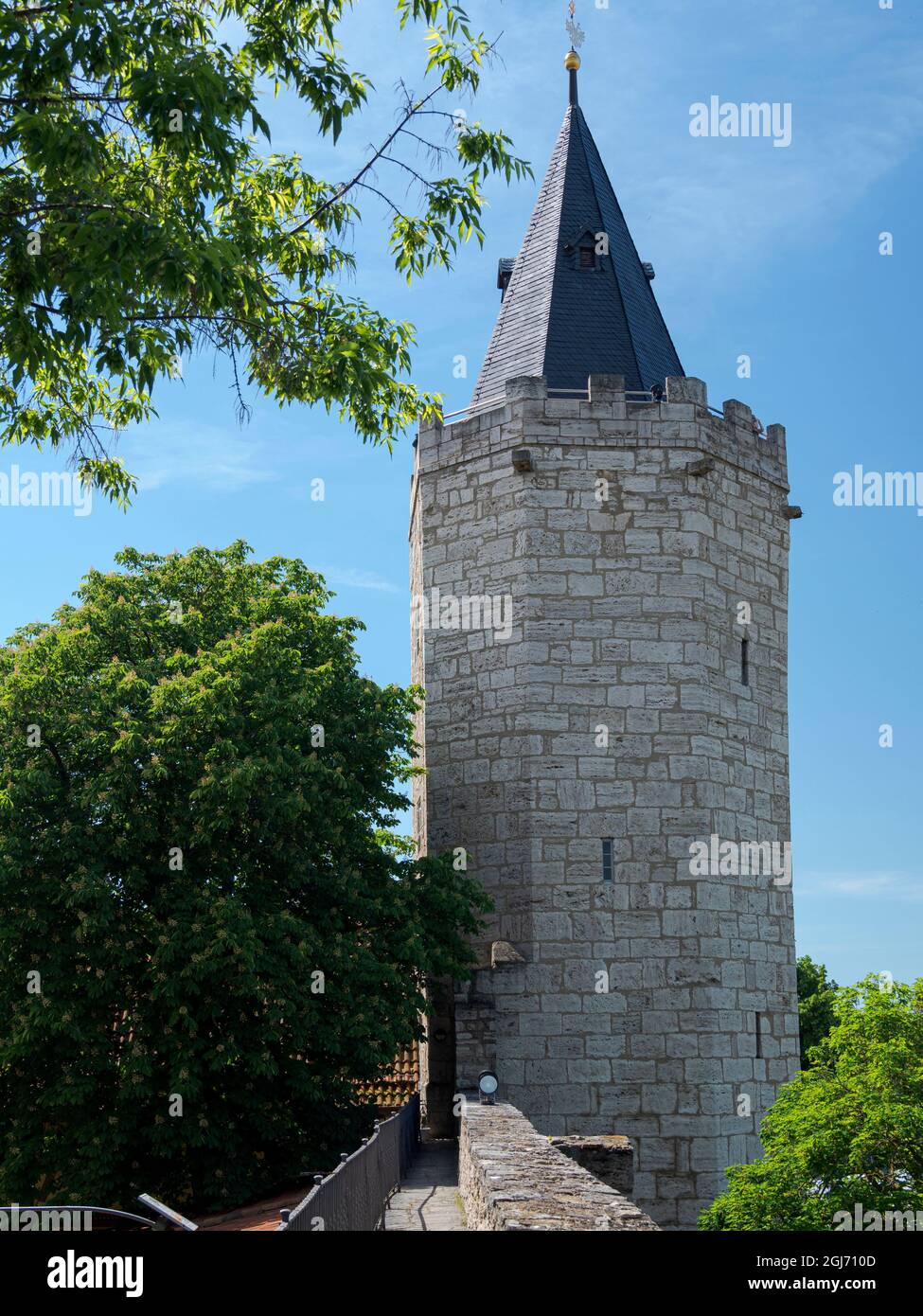 Tower of the old town wall. The medieval town Muehlhausen in Thuringia ...