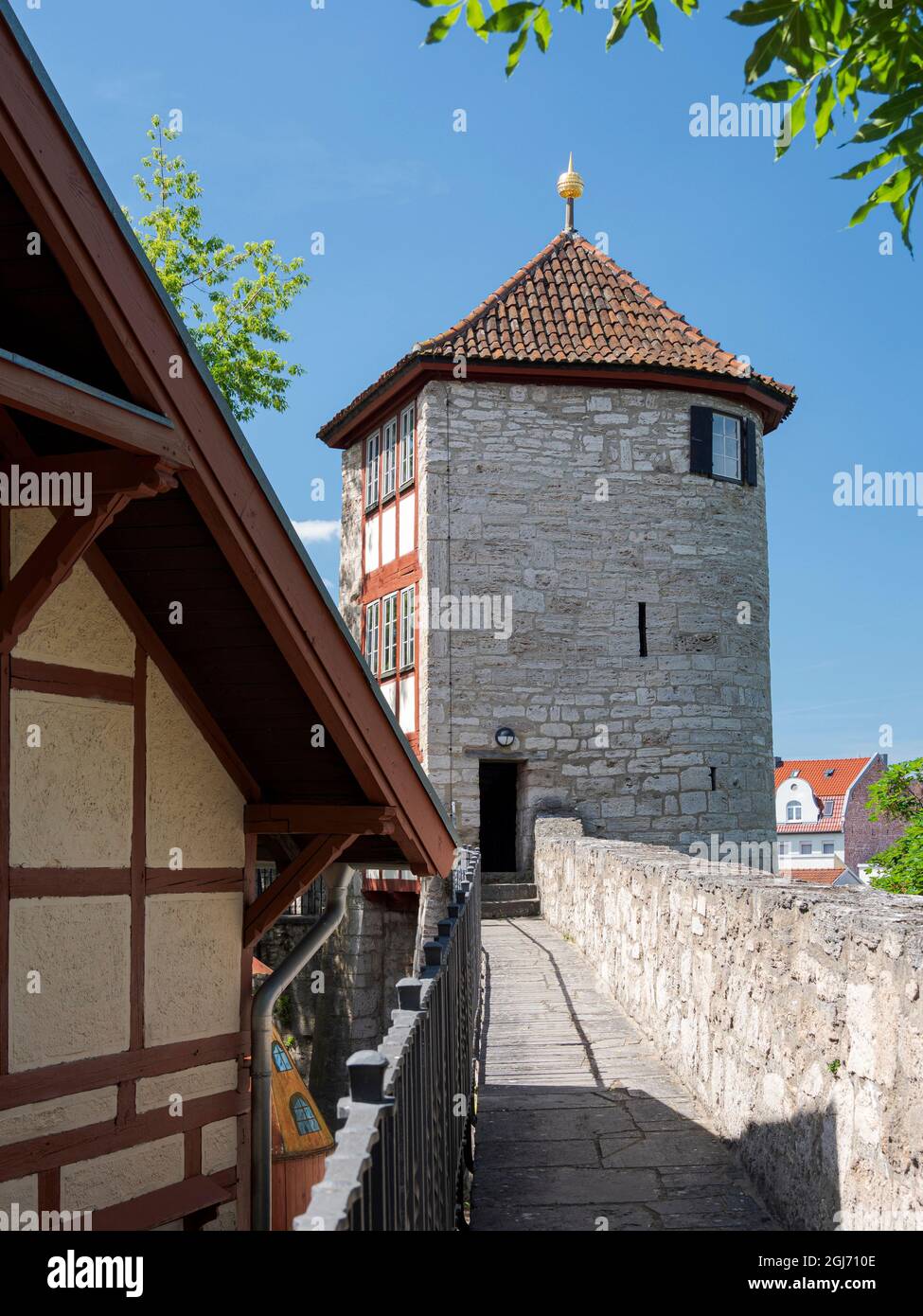 Tower of the old town wall. The medieval town Muehlhausen in Thuringia ...