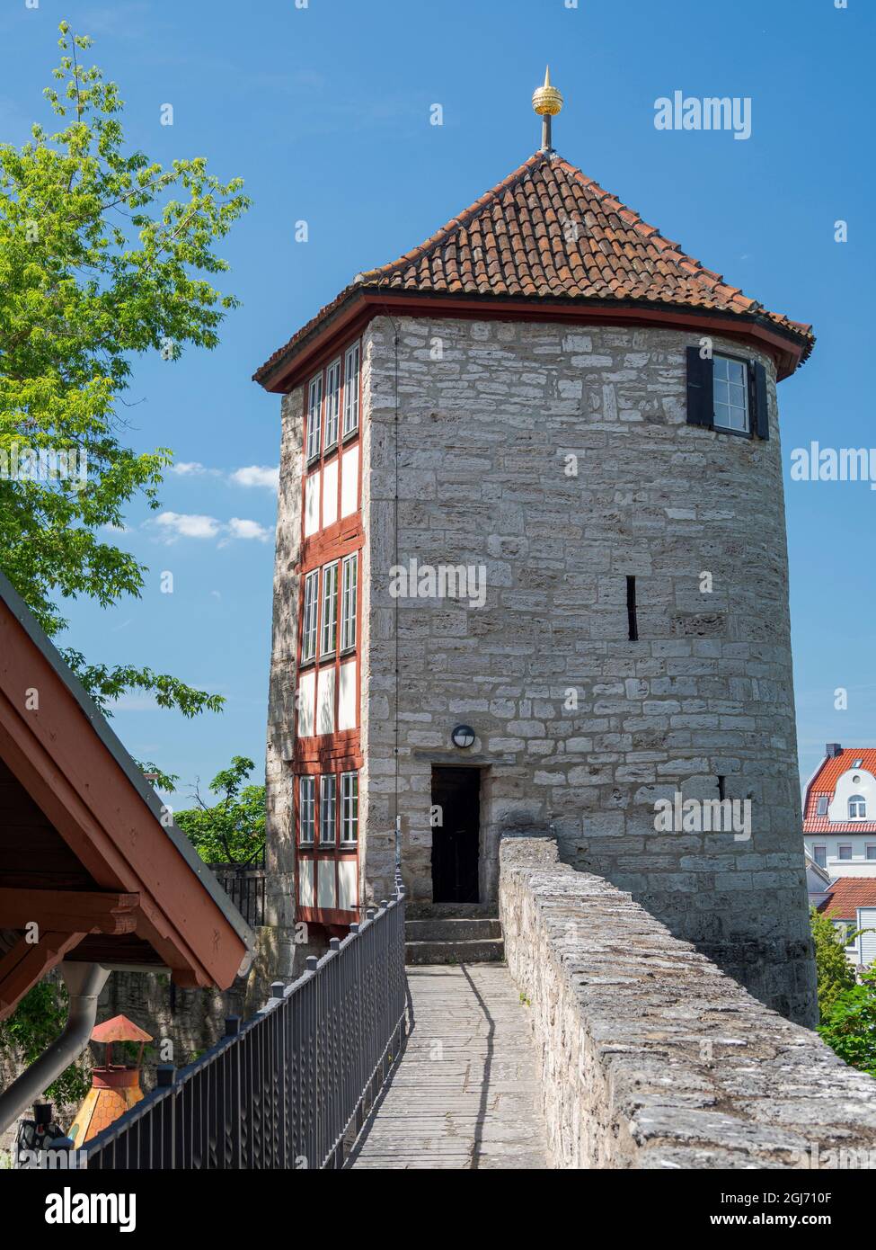 Tower of the old town wall. The medieval town Muehlhausen in Thuringia ...
