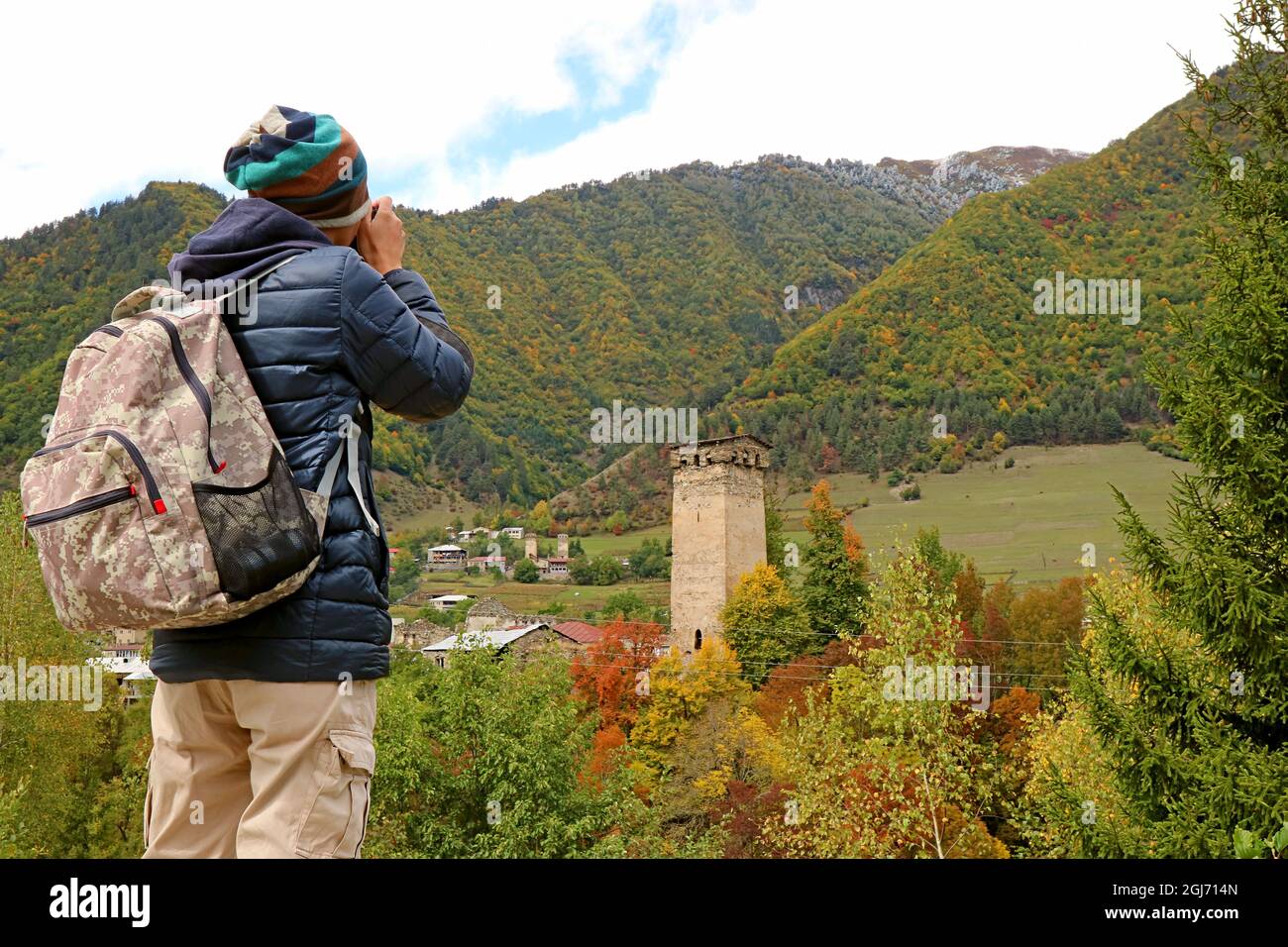Traveler Taking Pictures of Mestia Town with Svan Tower-houses Among ...