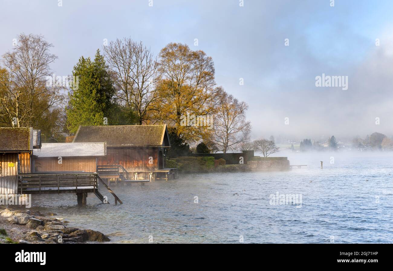 Typical boat sheds at the lakeside. Lake Tegernsee near village Rottach ...