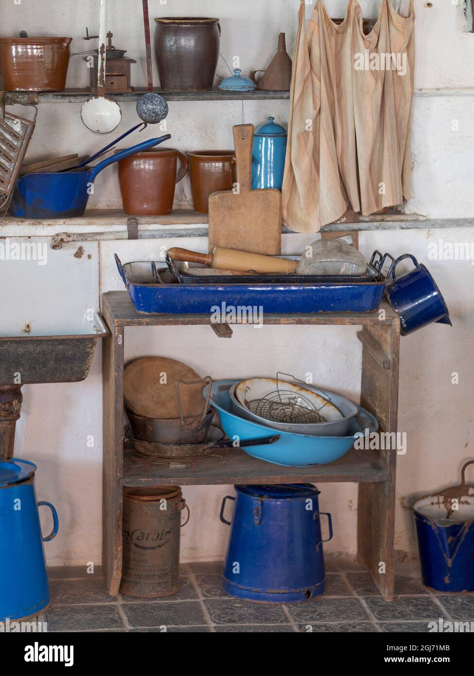 Kitchen with utensils. Interior of a historic farmhouse. Open Air ...