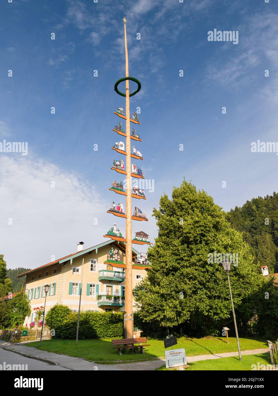 Traditional Bavarian maypole (Maibaum). Village Sachrang in the ...