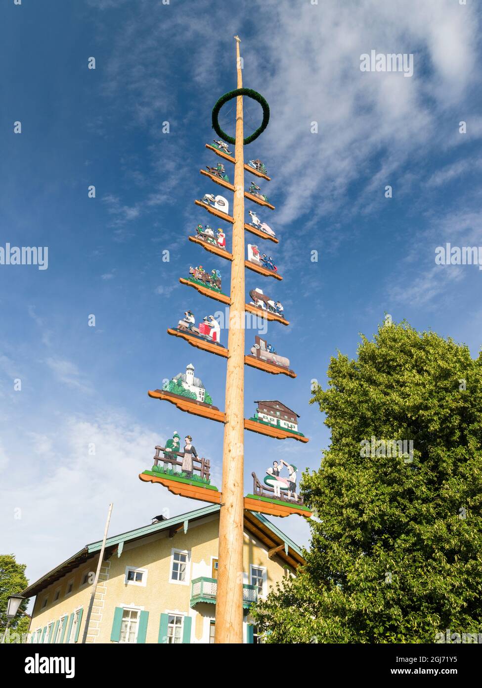 Traditional Bavarian maypole (Maibaum). Village Sachrang in the ...
