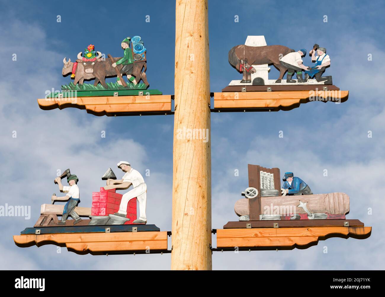 Traditional Bavarian maypole (Maibaum). Village Sachrang in the ...