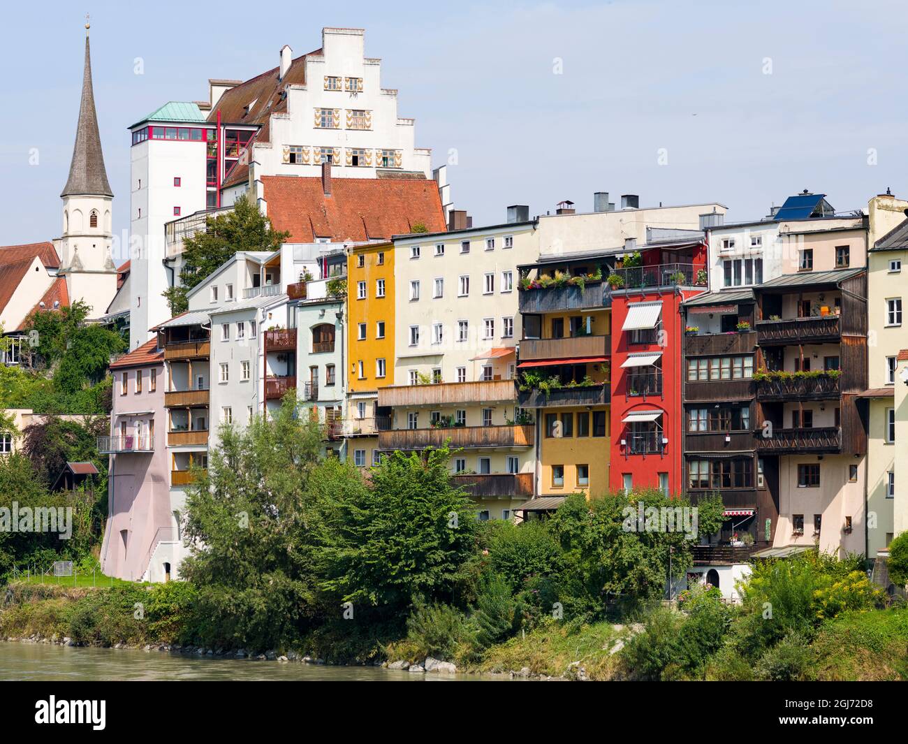 The famous waterfront. The medieval old town of Wasserburg am Inn in ...