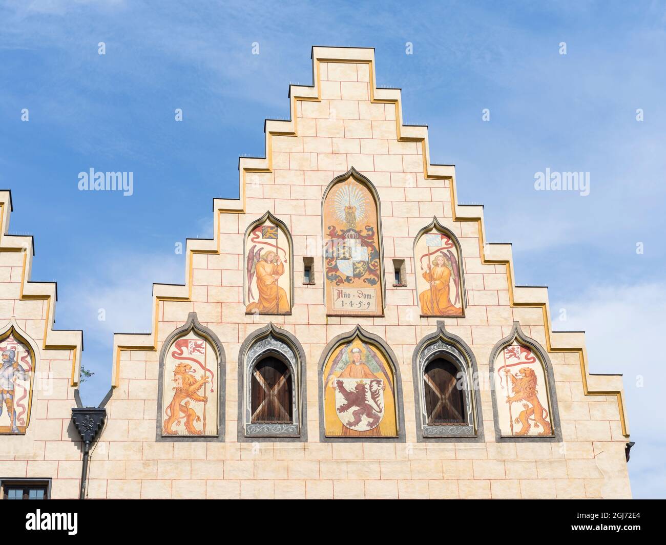 Facade of historic town hall with typical stepped gable dating back to ...