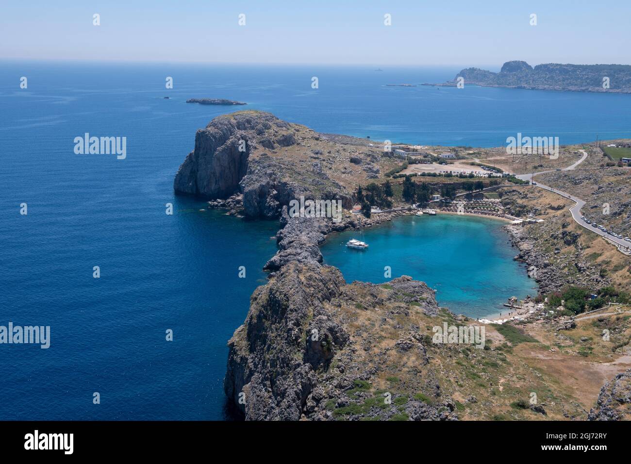 Greece, Rhodes. Historic Lindos, view of Mediterranean and heart-shaped ...