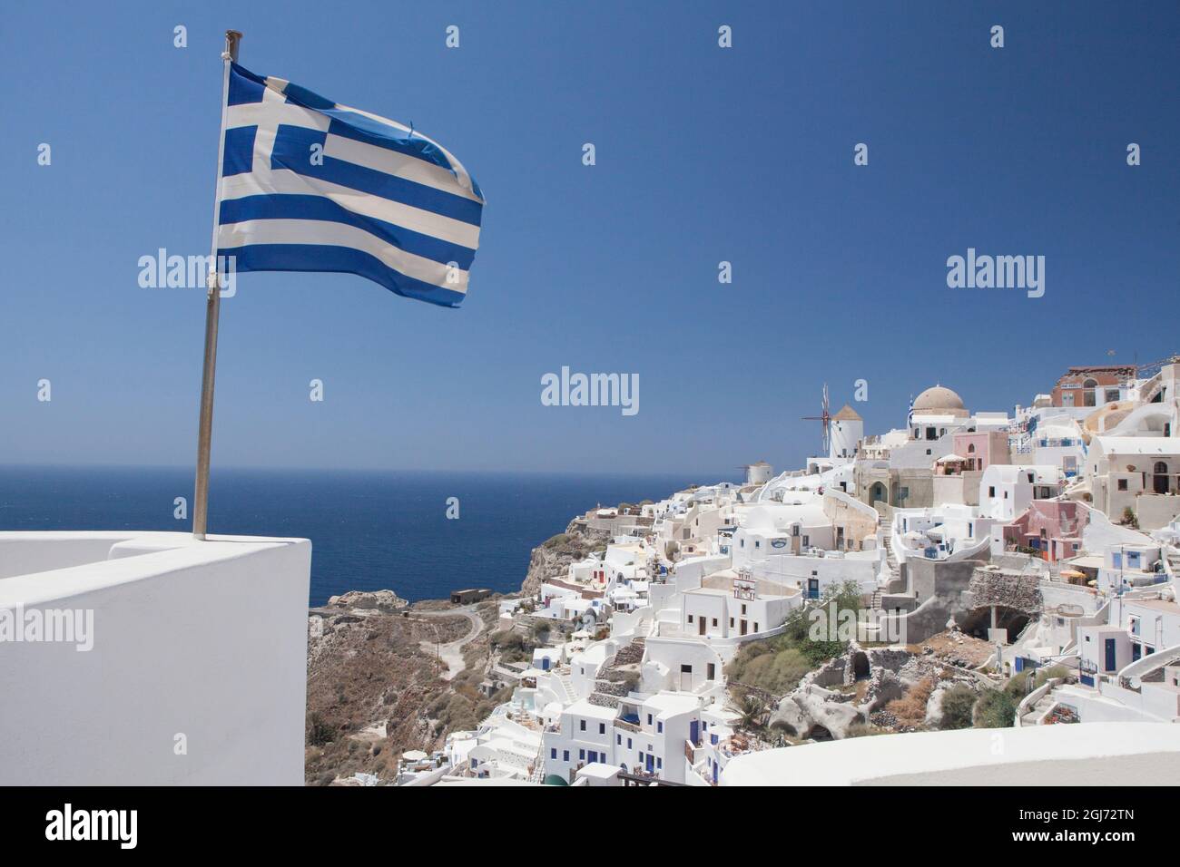 Greece, Santorini, Ia. Greek flag and Aegean Sea Stock Photo - Alamy