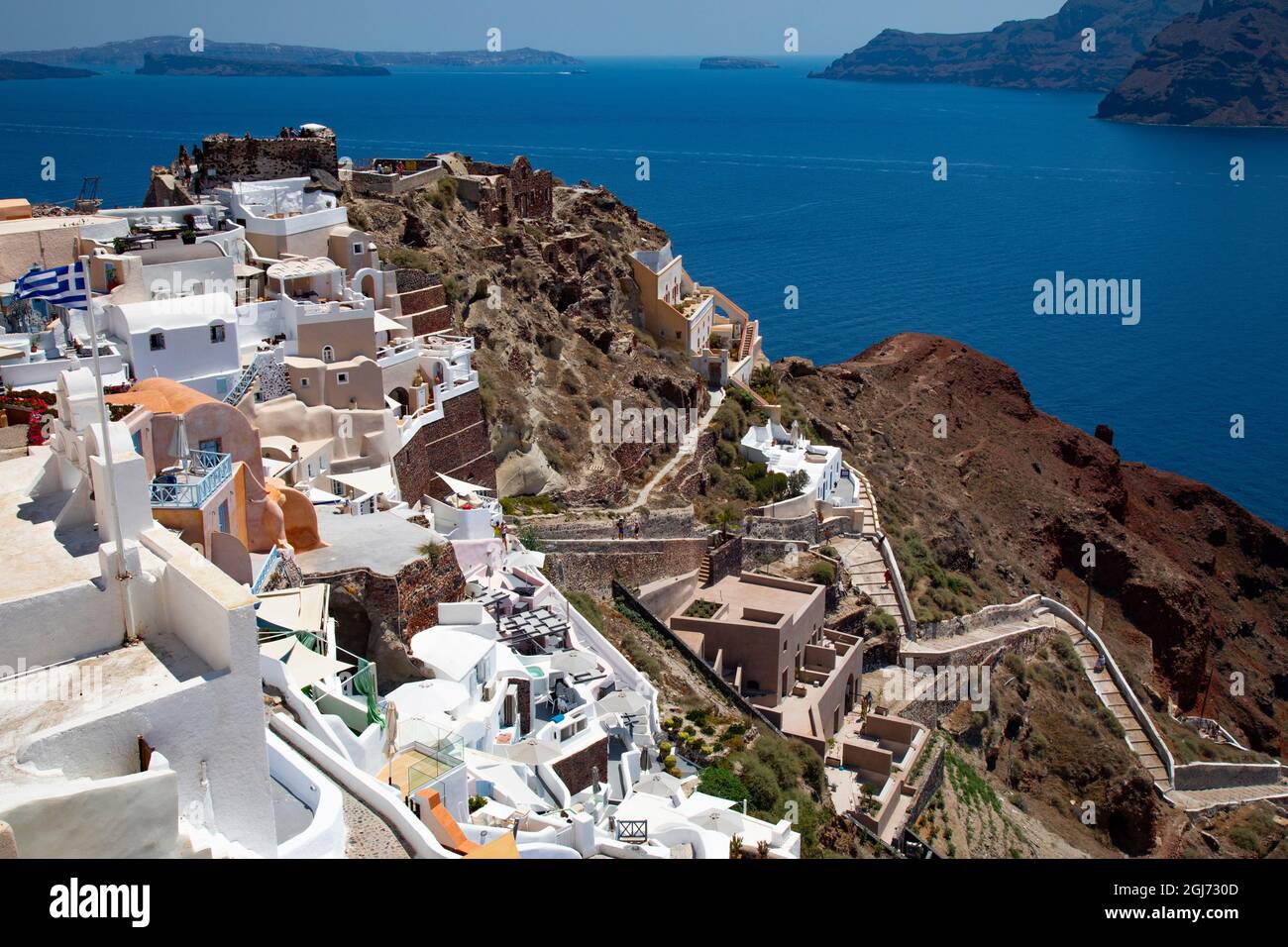 Overlook of donkey path up the mountain in Oia, Santorini, Greece Stock ...
