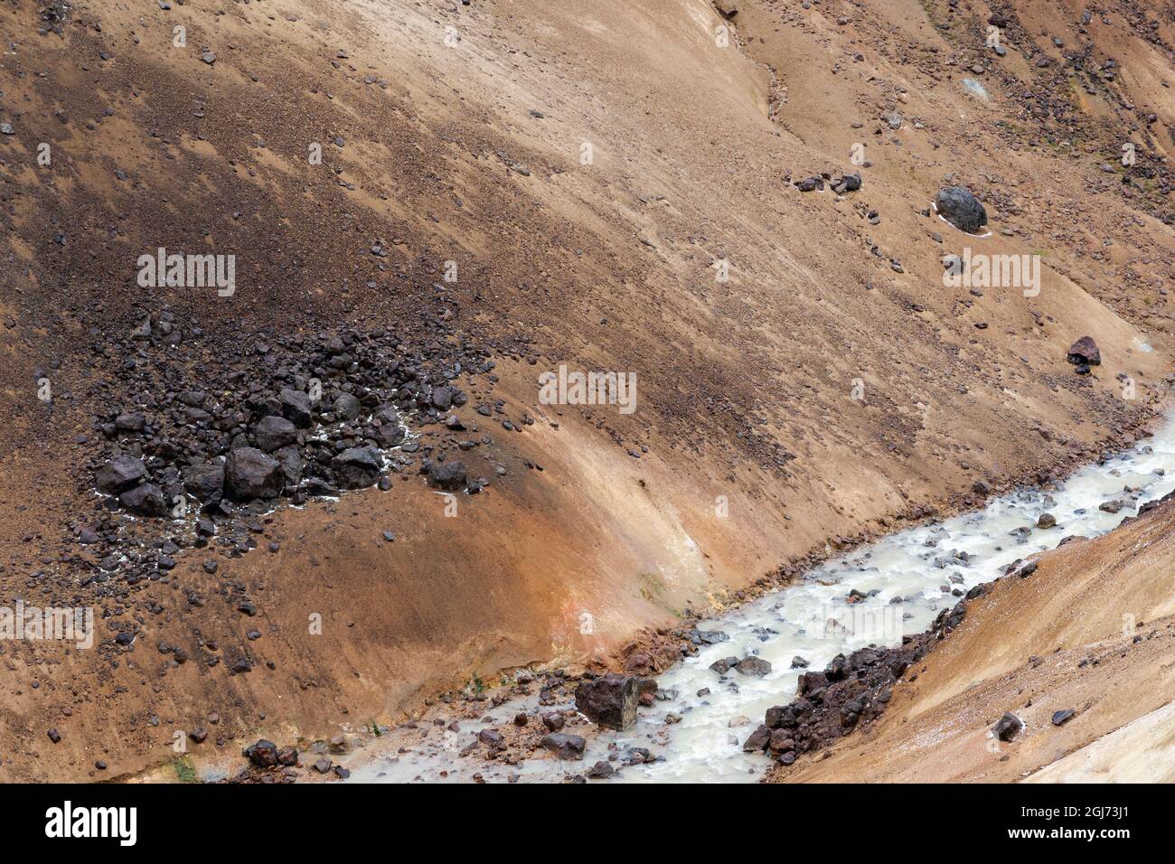 Iceland, Kerlingarfjoll Mountains. The red volcanic rhyolite stone with ...