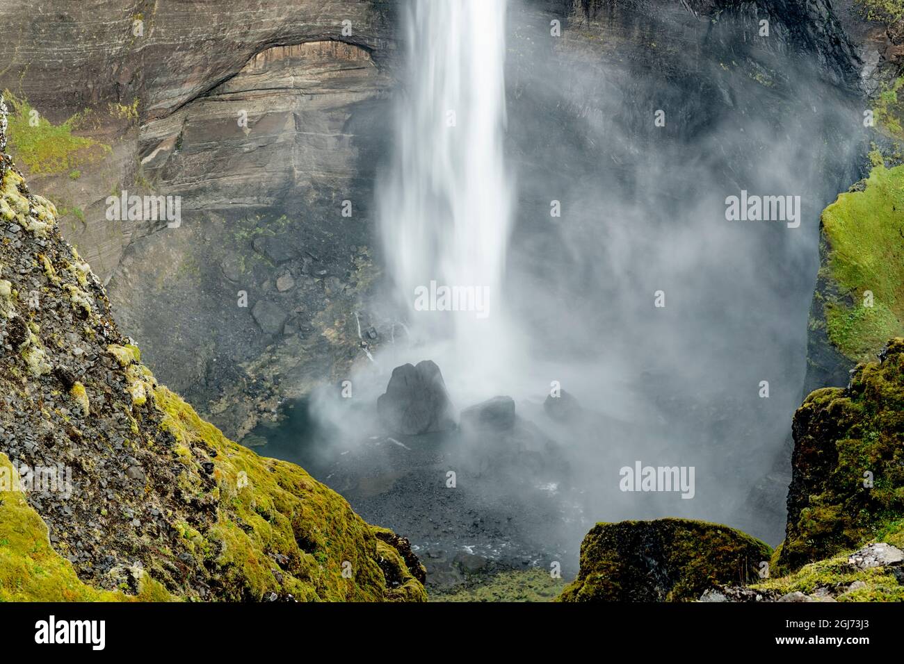Iceland, Haifoss Waterfall. The Fossa River flows over the cliffs ...