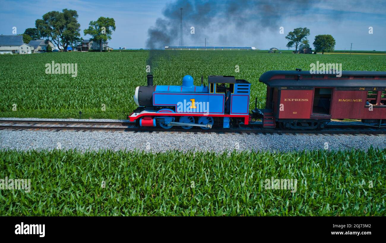 RONKS, UNITED STATES - Jun 29, 2019: A Thomas the tank engine pulling ...