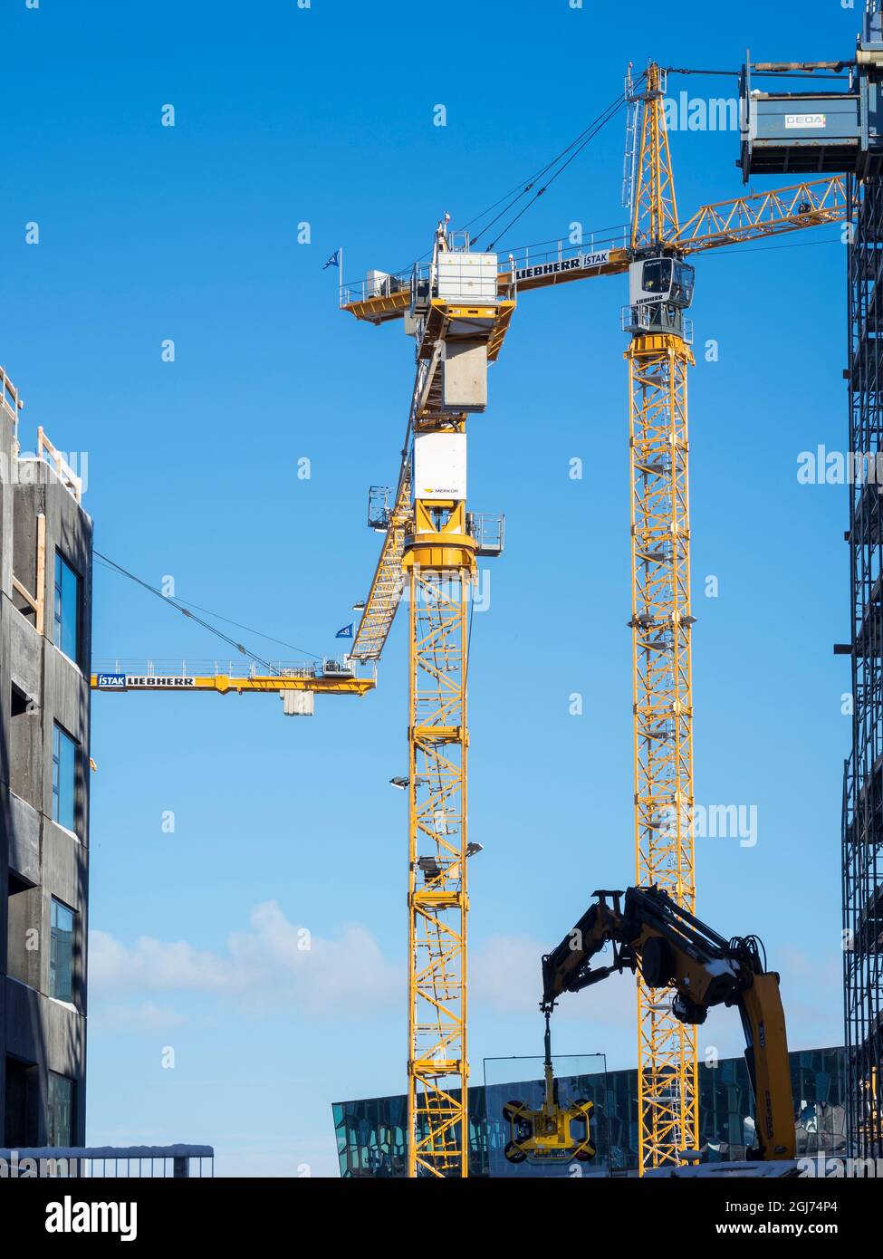 Construction boom and cranes at the Reykjavik waterfront, capital of ...