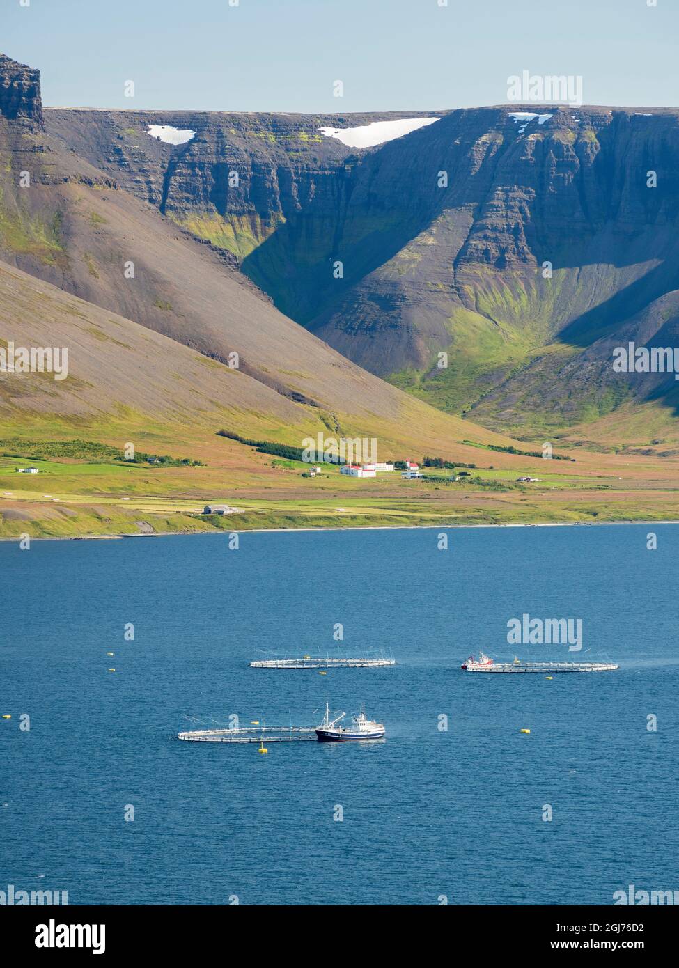 Landscape at Dyrafjordur fjord. Fish cages and aquaculture, Iceland ...