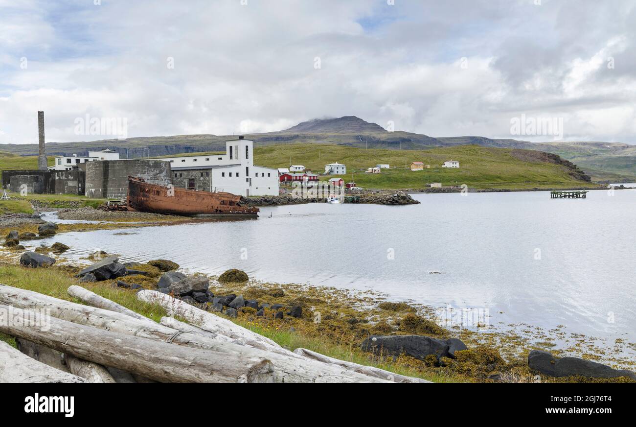Landscape at Reykjarfjordur. The old fish factory and village Djupavik ...