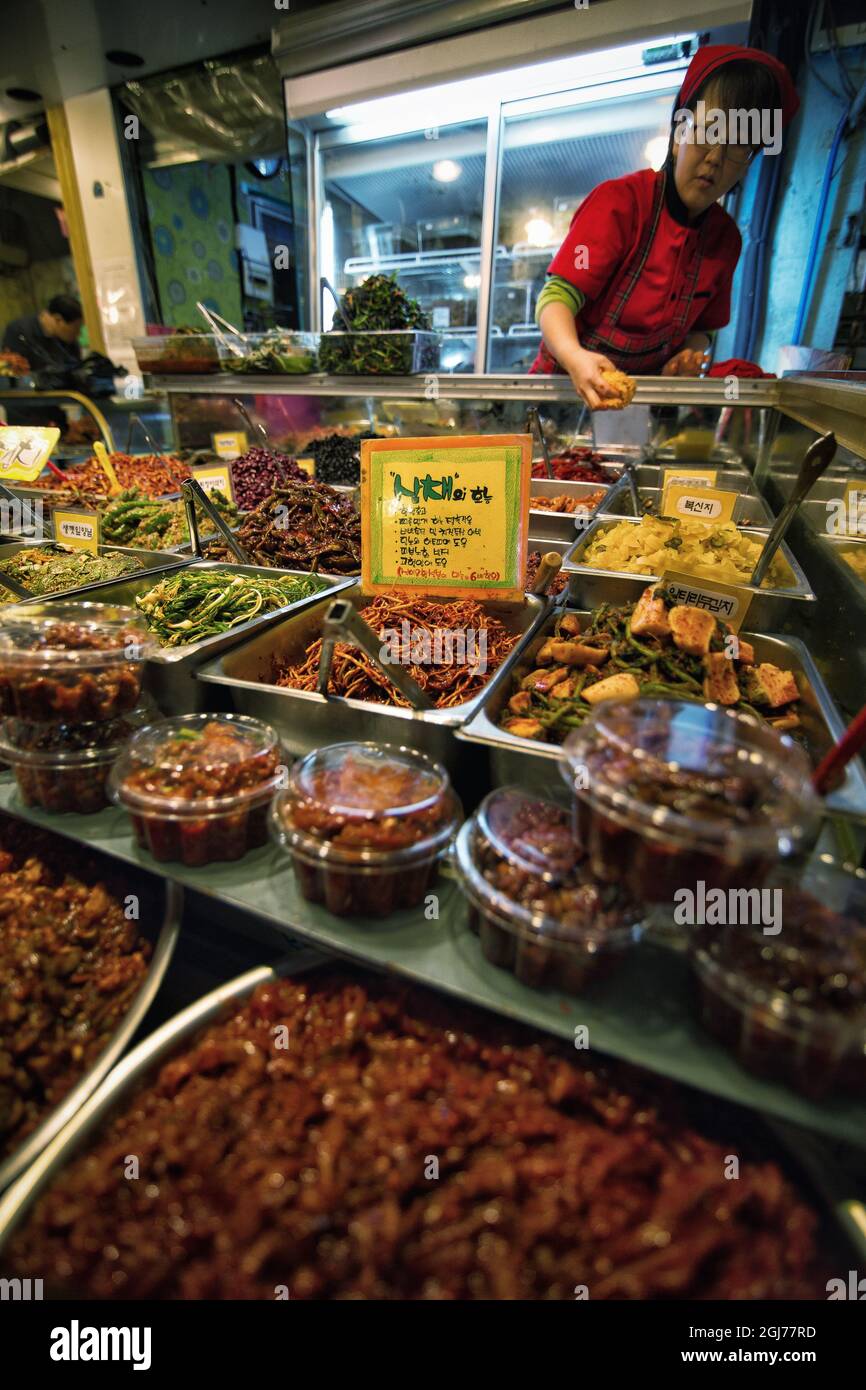 BUSAN, KOREA, SOUTH - Apr 12, 2014: A various types of Kimchi at Bujeon ...