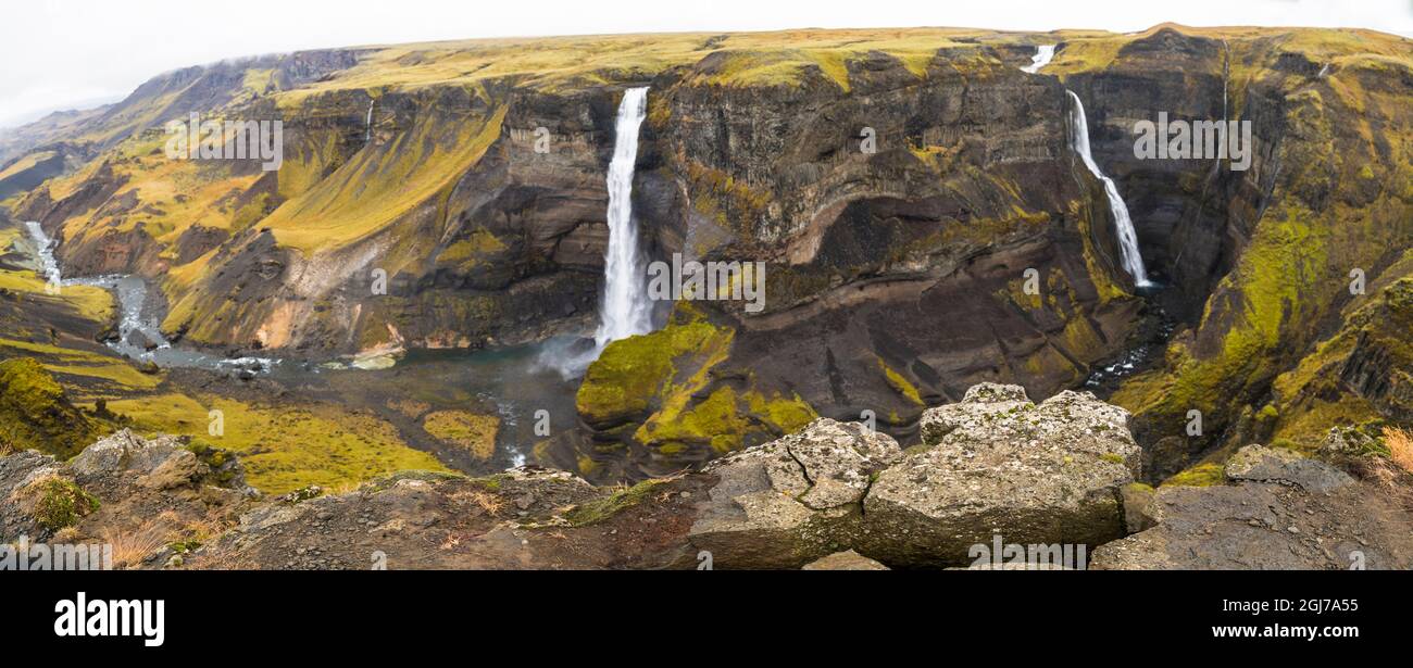 Europe, Iceland. View of Haifoss and Granni waterfalls on the Fossa ...