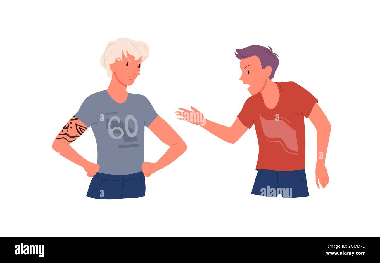 People quarrel, screaming in conflict conversation, two male friends or ...