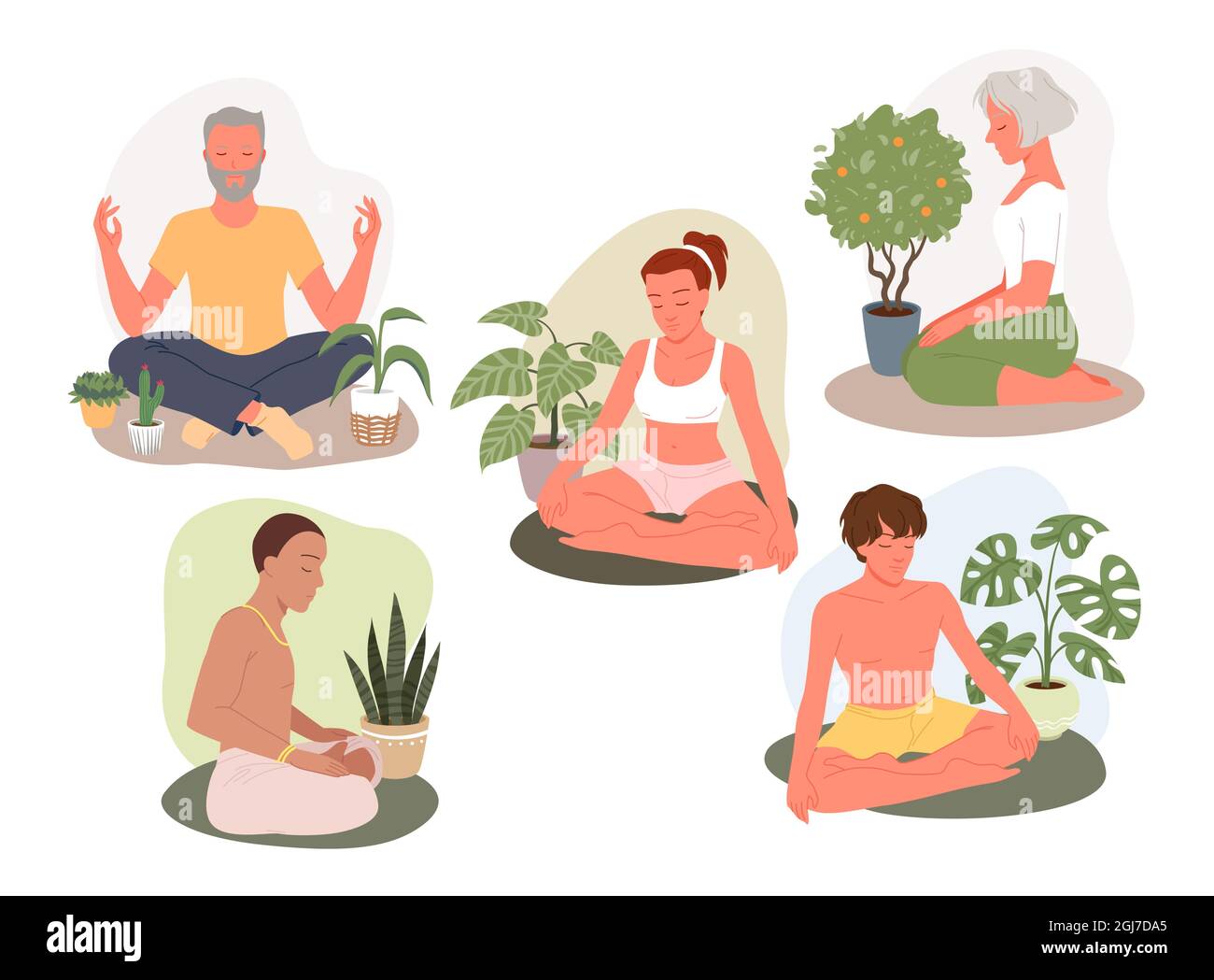 Cartoon young man woman characters meditate in lotus position, yoga ...