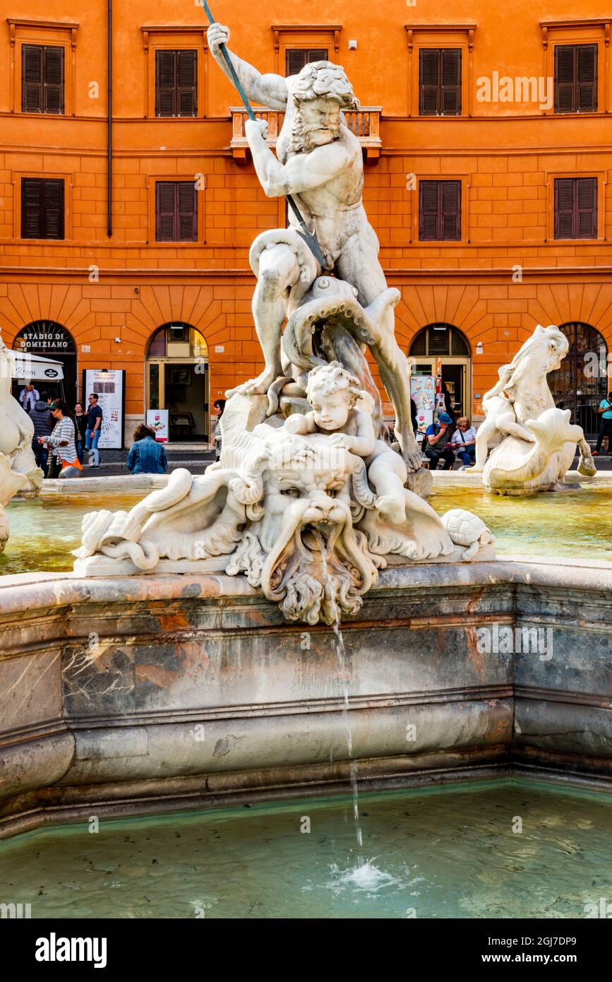 Italy, Rome. Piazza Navona, 16th-century marble fountain depicting ...