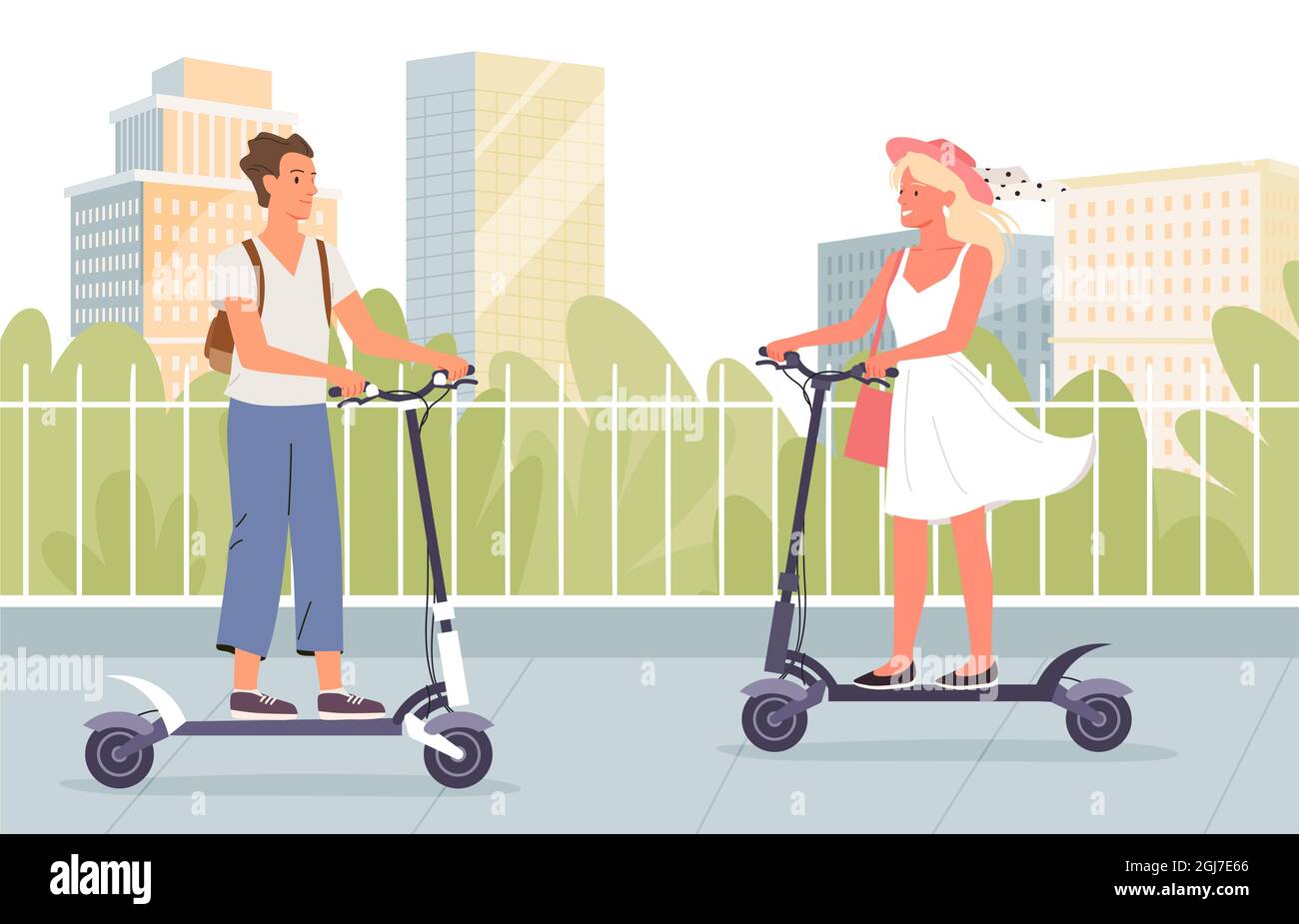 Cartoon young man woman characters drive speed electric scooter on ...