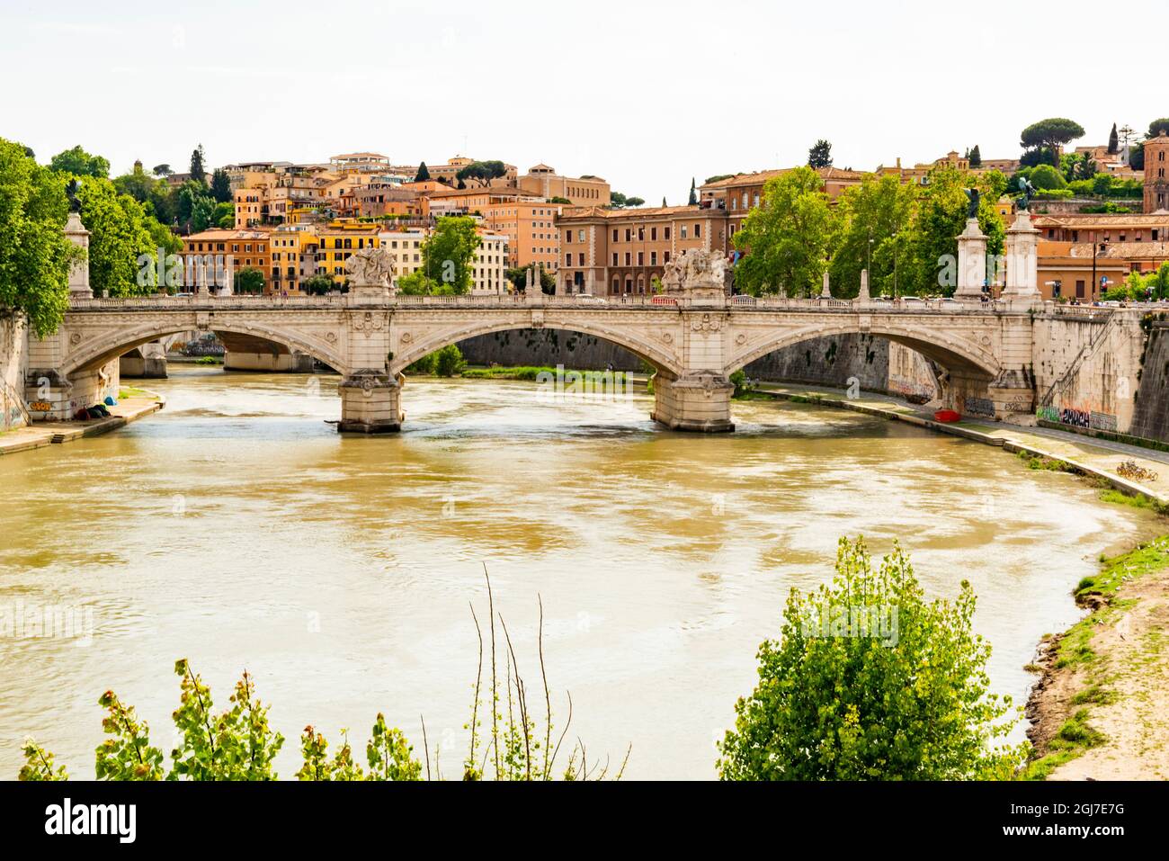 Italy, Rome. Tiber River, looking downstream from Ponte Sant'Angelo to ...