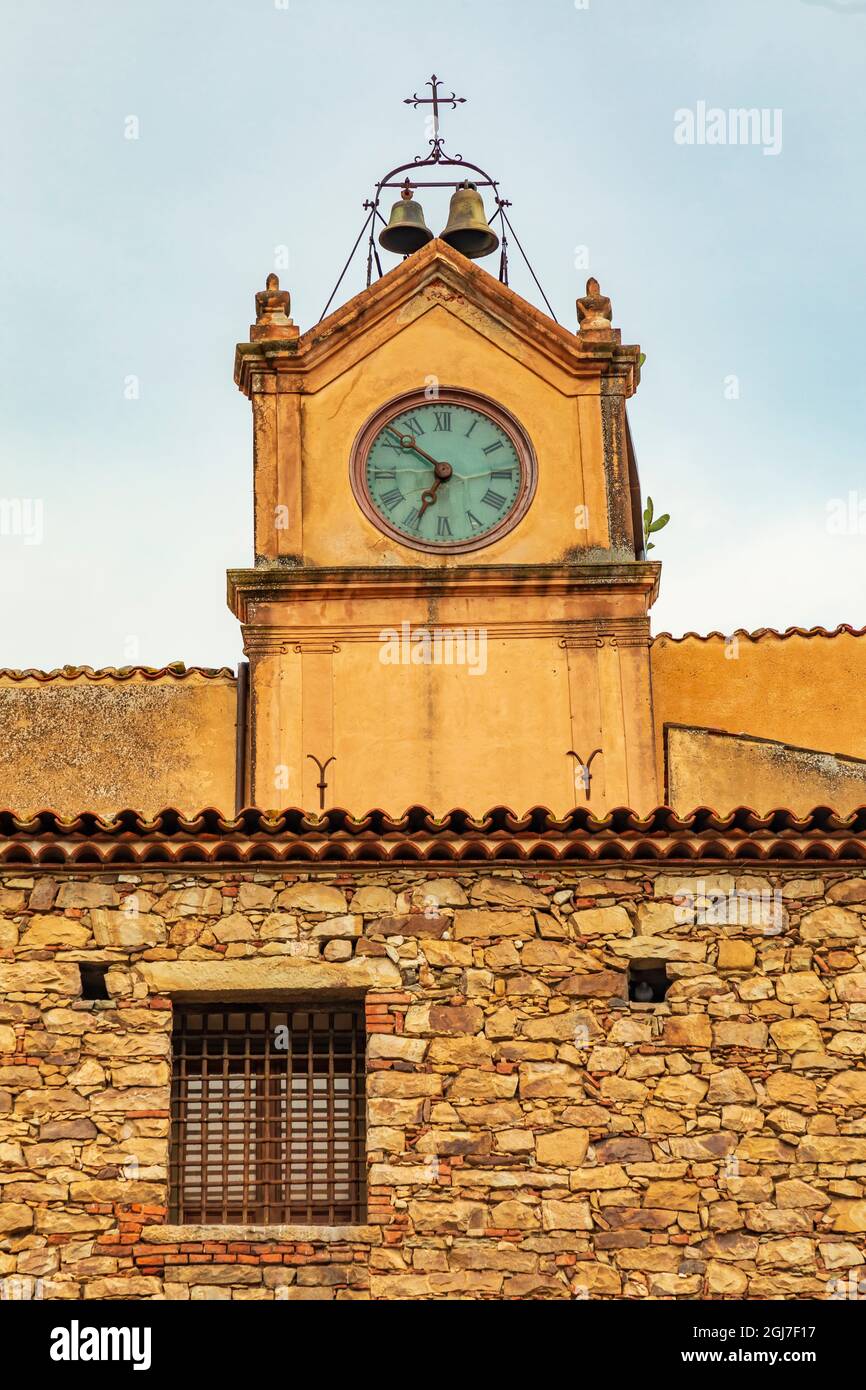Italy, Sicily, Palermo Province, Castelbuono. Clock tower on the town ...