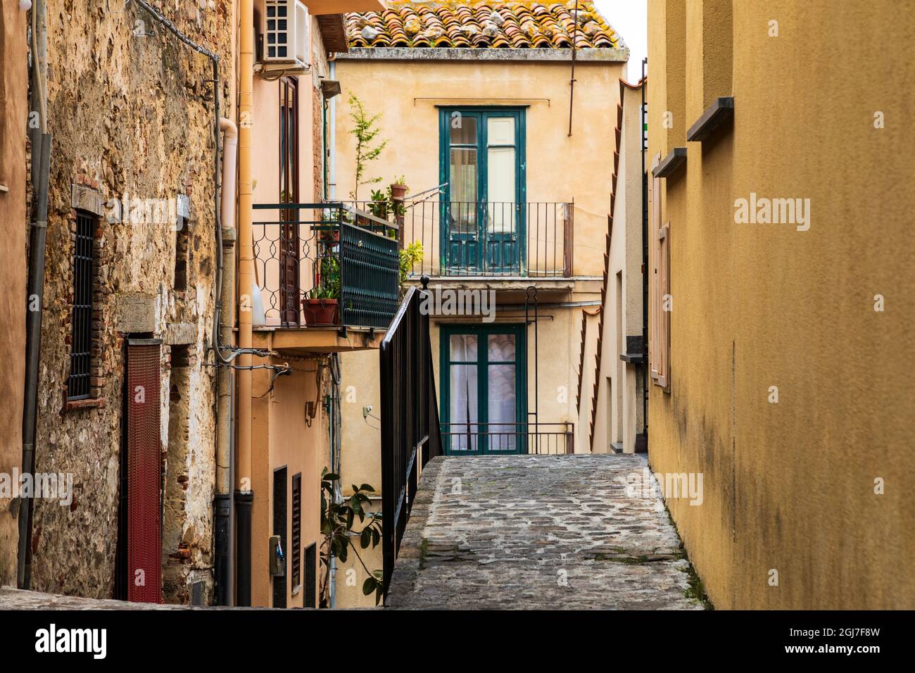 Italy, Sicily, Palermo Province, Castelbuono. Narrow village ...