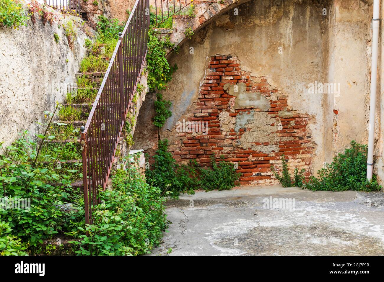 Italy, Sicily, Palermo Province, Castelbuono. Ruins a of staircase and ...